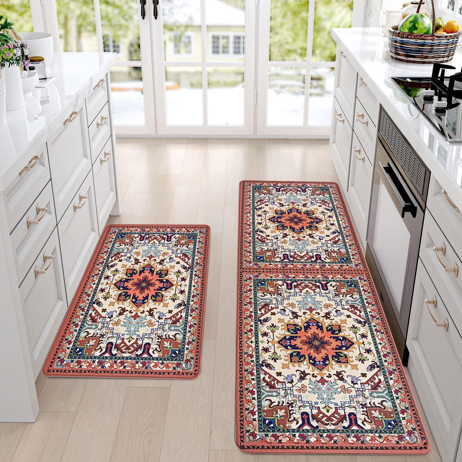 ASPMIZ Kitchen Mats Cushioned Anti Fatigue 2 Piece Set Boho, Washable Kitchen Rugs Non Slip Farmhouse, Bohemian Kitchen Floor Mats for in Front of Sink Waterproof, 17'' x 47'' + 17'' x 30'', Red