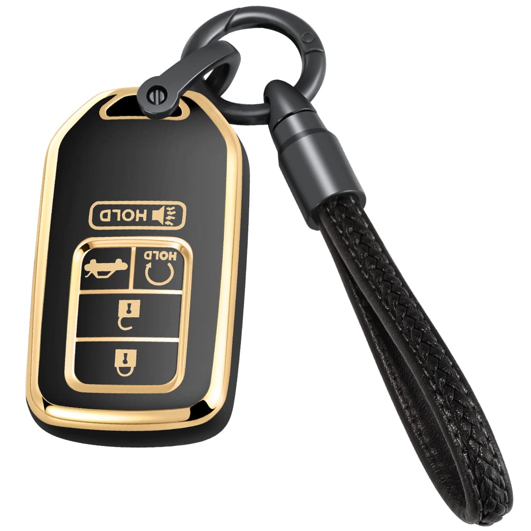 Lcyam Key Fob Cover Case with Keychain Strap, Compatible with Honda Accord Civic CR-V Passport Pilot Insight Smart Key, Black