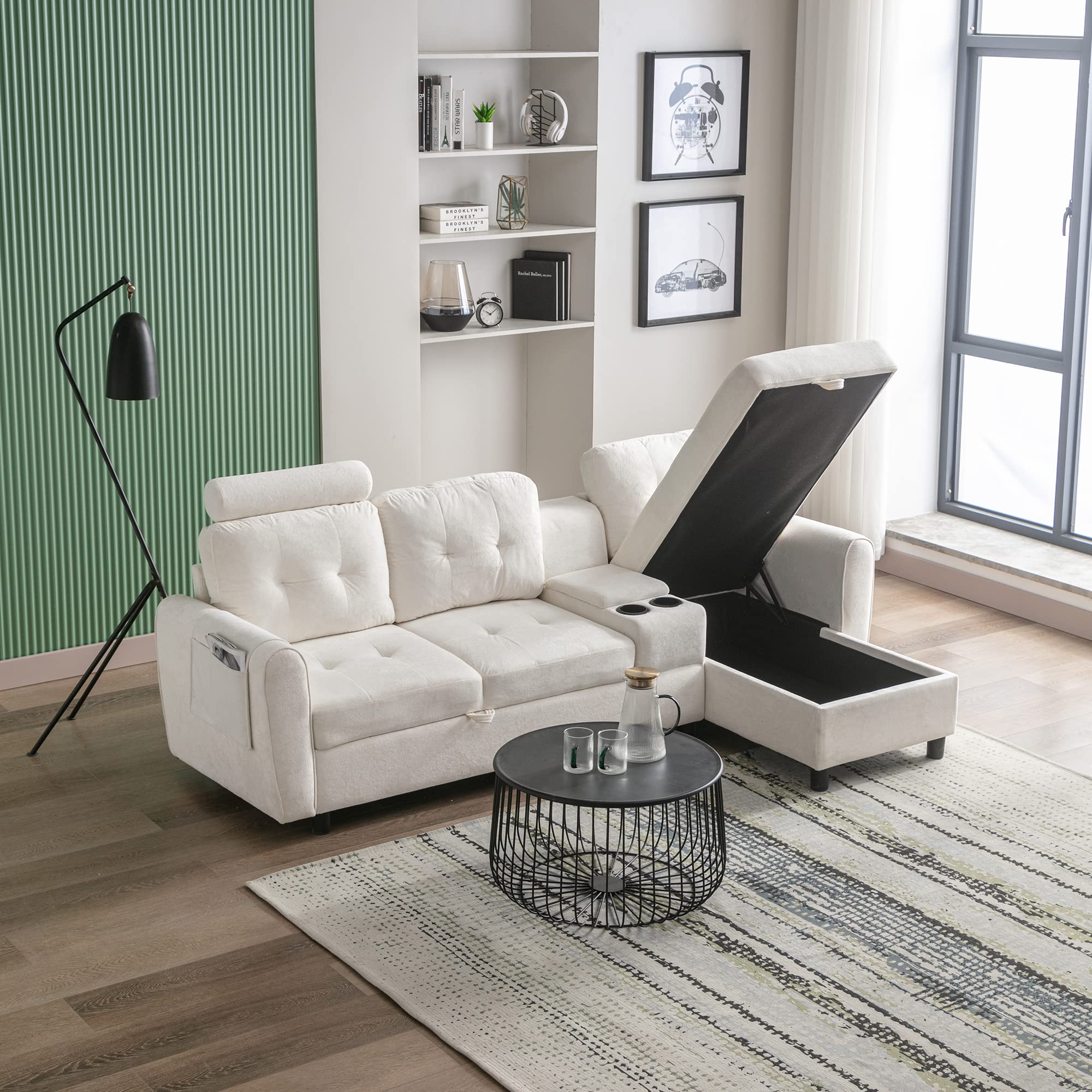 HomSof Sectional Sofa Set with Chaise Lounge, Storage, Cup Holder and Side Pocket, 3-Seat L-Shaped Couch for Small Spaces, Living Room
