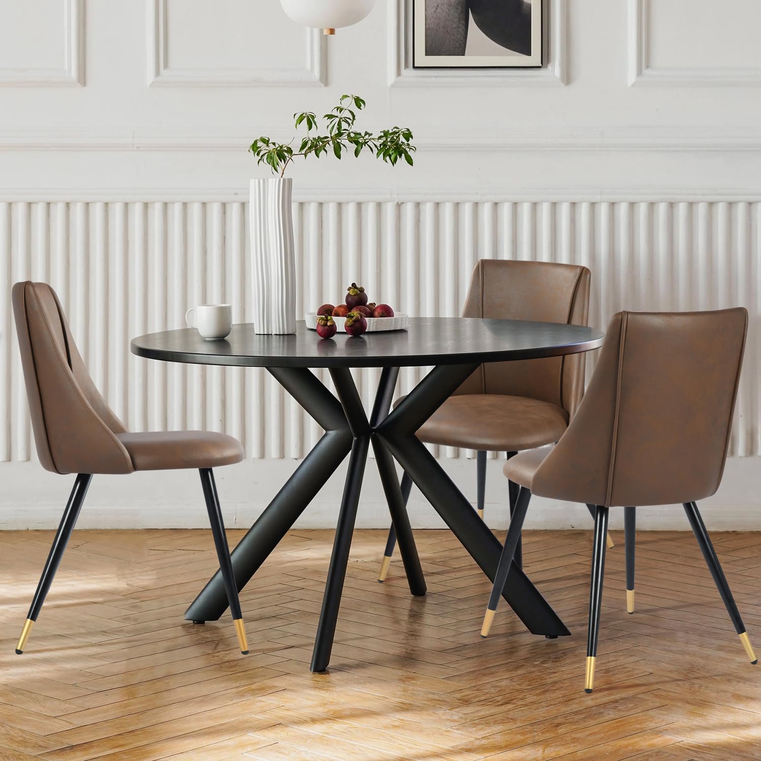 FurnitureR Dining Chairs Set of 2 Modern Upholstered Accent Chairs with Soft Seat/Metal Legs Kitchen Side Chairs for Kitchen Dining Room Waiting Reception Room, Faux Leather, Brown