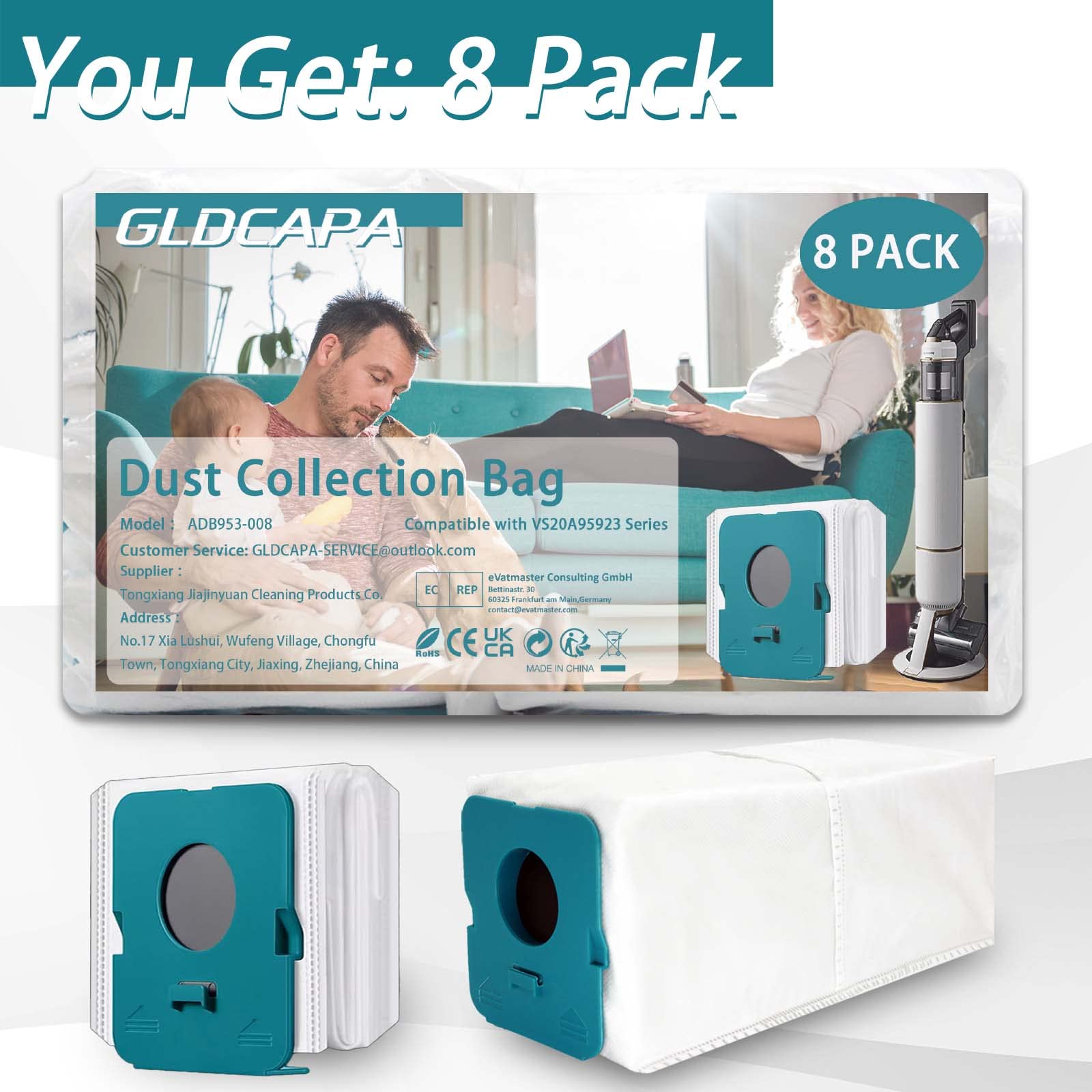 8 Pack VCA-ADB953 Dust Bag for Samsung BESPOKE Jet Cordless Stick Vacuum Cleaner, GLDCAPA 2.5L Large Capacity Automatic Dust Collection Bag for All In One Clean Station