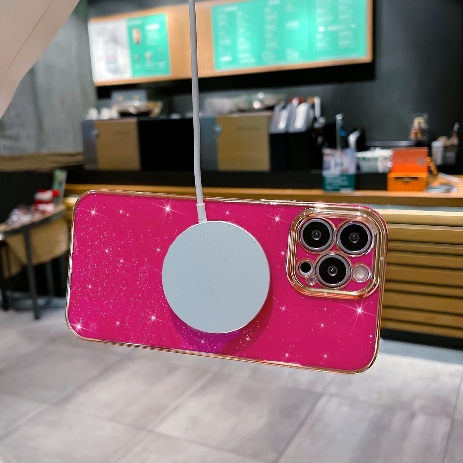MGQILING Compatible with iPhone 14 Pro Max Magnetic Glitter Case-6.7 Inch, Luxury Love Heart Pattern Plating Case, Compatible with MagSafe for Women Girls Shockproof Back Cover-Hot Pink