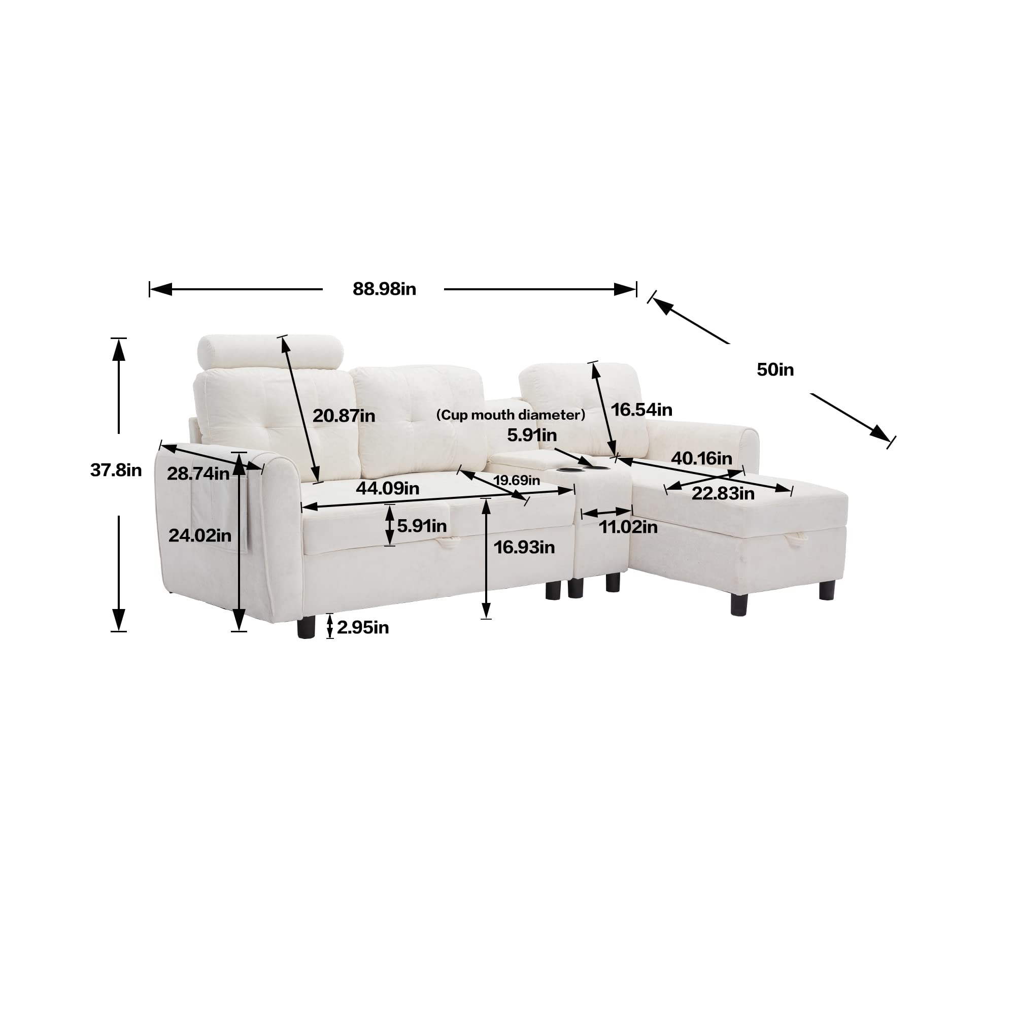 HomSof Sectional Sofa Set with Chaise Lounge, Storage, Cup Holder and Side Pocket, 3-Seat L-Shaped Couch for Small Spaces, Living Room