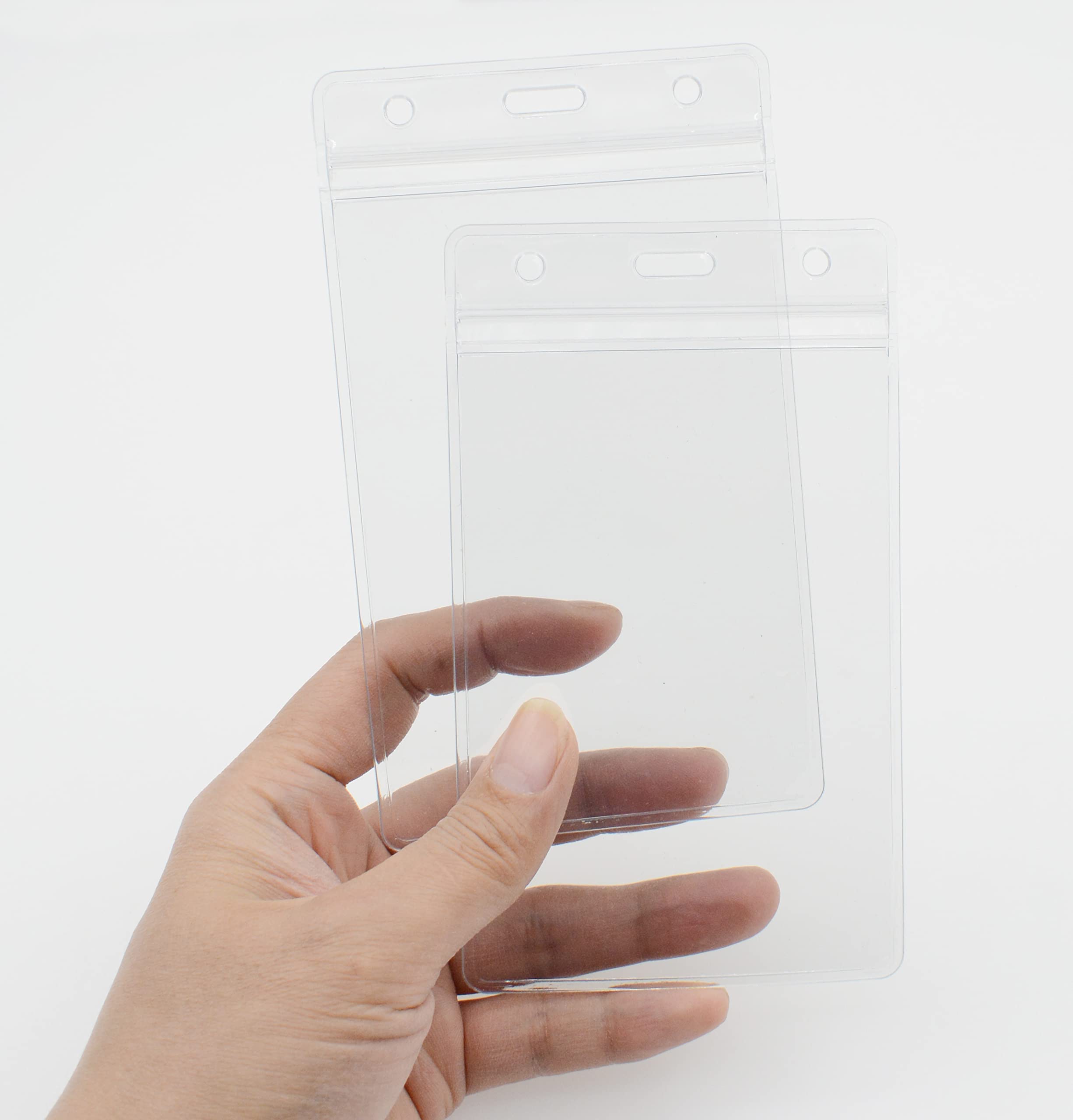 WINURE 100 Pack Vinyl ID Badge Holders (Fit 3x5 inch Inserts), Waterproof, Clear Plastic, Premium Quality, Heavy-Duty, Vertical Hanging Card Holder with Zipper, Durable Nametag Holders