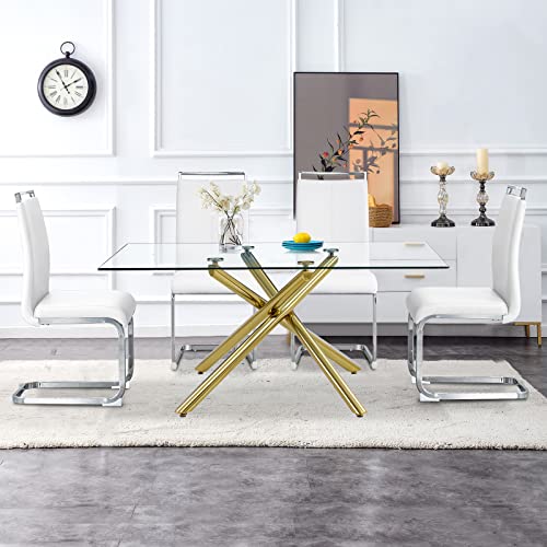 63 Inch Glass Dining Table,4-6 Person Home Dining Table Large Size Kitchen and Dining Room Table with Tempered Glass top and Gold Metal Legs, Modern Rectangular Dining Table (Gold Legs