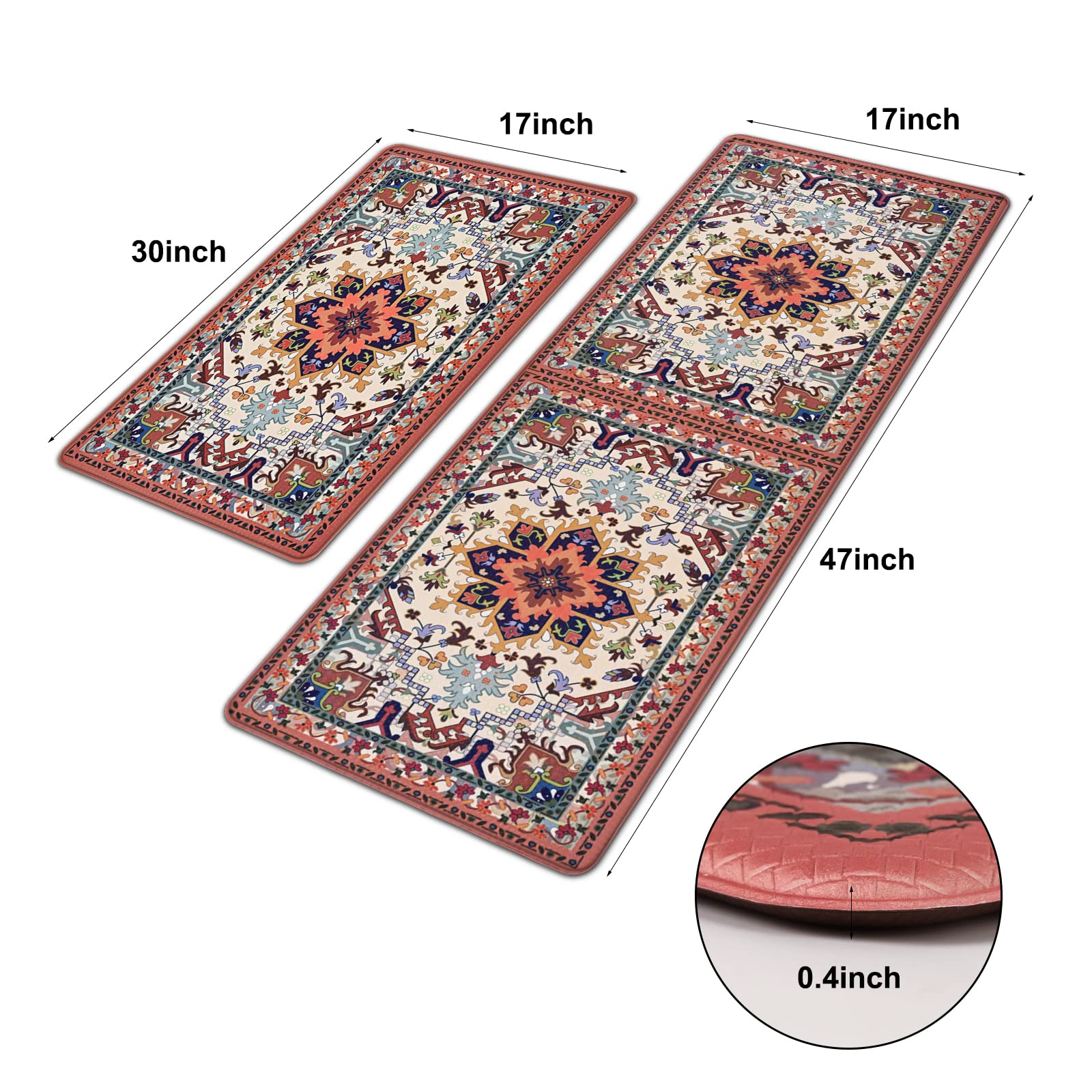 ASPMIZ Kitchen Mats Cushioned Anti Fatigue 2 Piece Set Boho, Washable Kitchen Rugs Non Slip Farmhouse, Bohemian Kitchen Floor Mats for in Front of Sink Waterproof, 17'' x 47'' + 17'' x 30'', Red