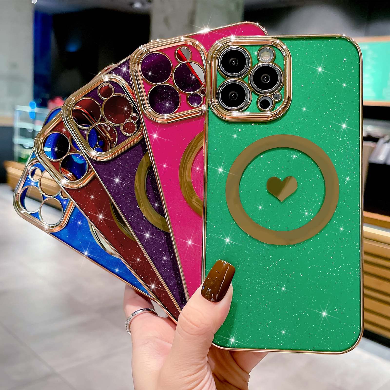 MGQILING Compatible with iPhone 14 Pro Max Magnetic Glitter Case-6.7 Inch, Luxury Love Heart Pattern Plating Case, Compatible with MagSafe for Women Girls Shockproof Back Cover-Hot Pink