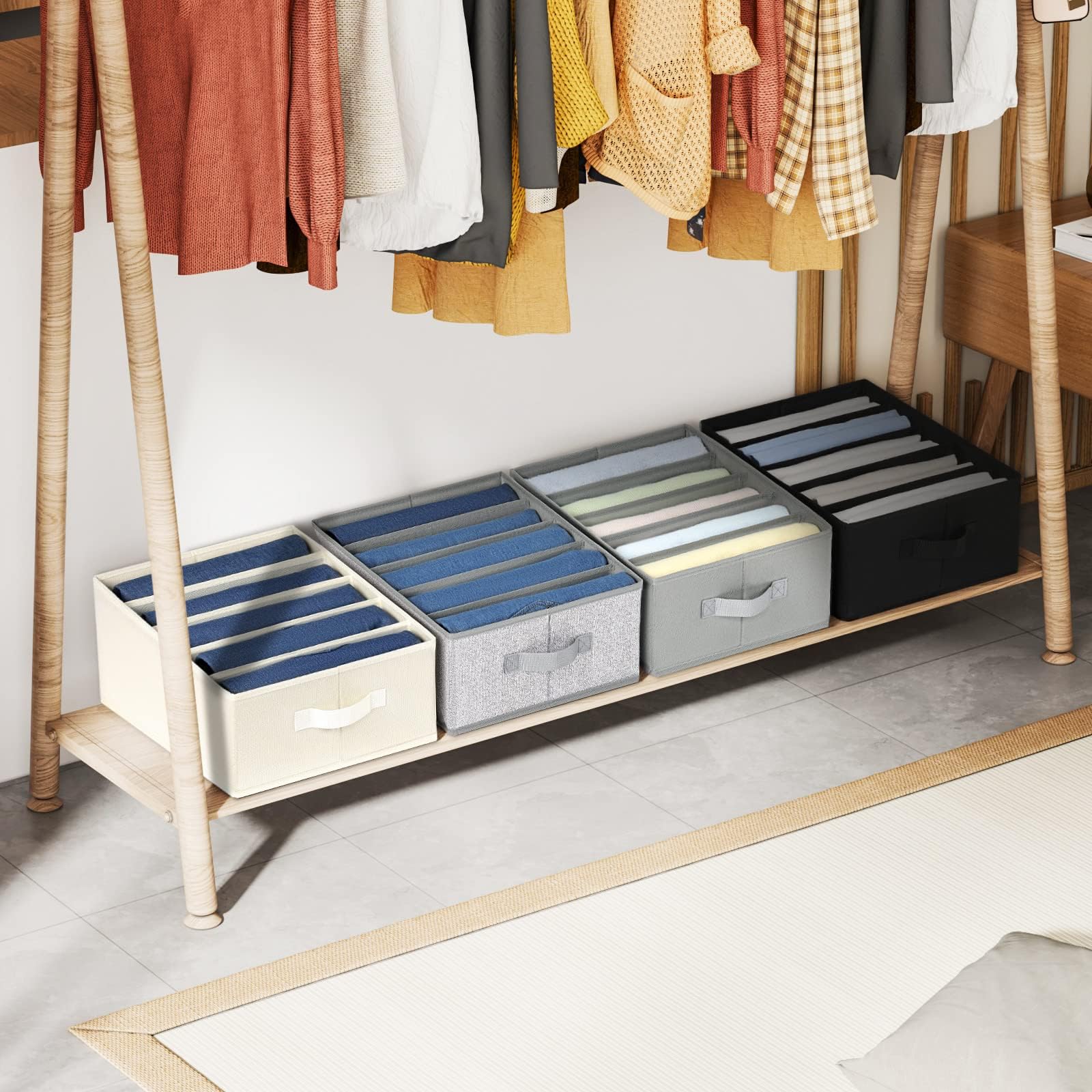 DIMJ Wardrobe Clothes Organizer, Fabric Drawer Organizer Clothes, Pants Jeans Sweater Organizer for Closet, Foldable Closet Storage Organizers, 5 Grids Clothing Drawer Organizers, 4 Pack Ash Grey