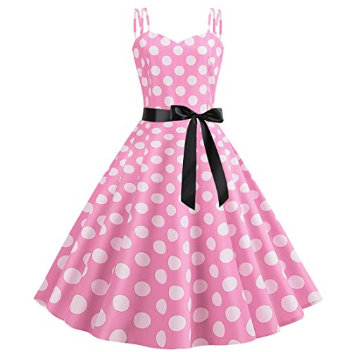 ABAFIP Women's 50s 60s Vintage Sleeveless Sling Strap Polka Dot A-Line Swing Cocktail Party Wedding Bridesmaid Summer Beach Tea Dresses Pink X-Large