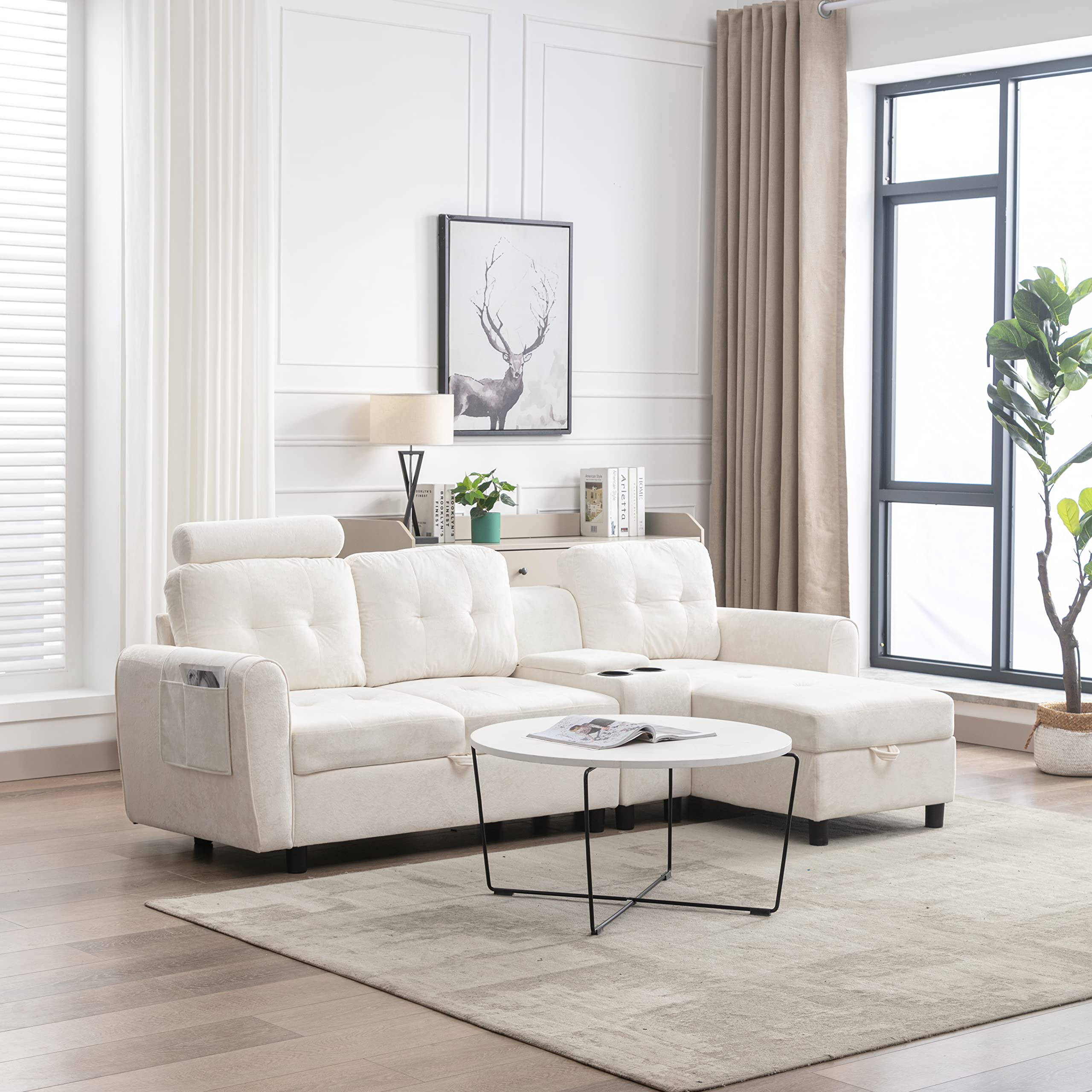 HomSof Sectional Sofa Set with Chaise Lounge, Storage, Cup Holder and Side Pocket, 3-Seat L-Shaped Couch for Small Spaces, Living Room