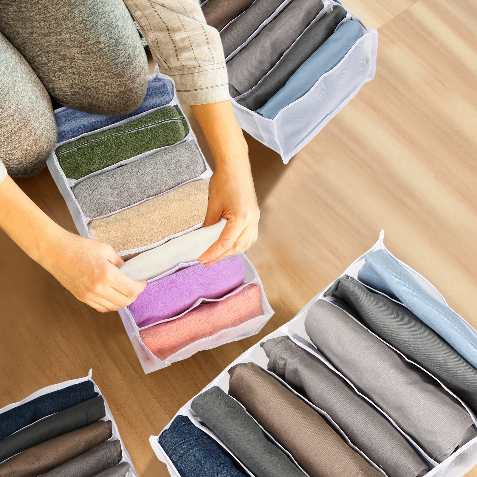 Tatuo 30 Pcs Wardrobe Clothes Organizer Closet Organizers and Storage Drawer Organizers for Clothing Foldable Mesh Dividers Storage for Jeans, Trousers, T Shirts and Skirts, 7 Grid, Large and Small