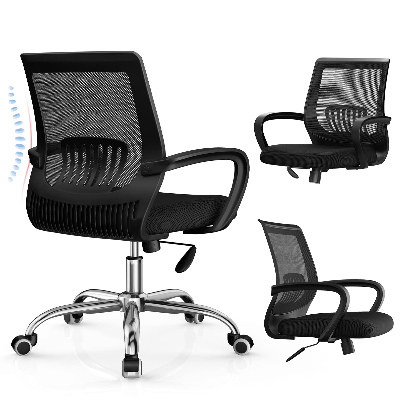 Black Office Desk Chairs with Lumbar Support, armrests Black Mesh Ergonomic Computer Chair can Lift and 360°Swivel, Made of Silver Aluminum Legs