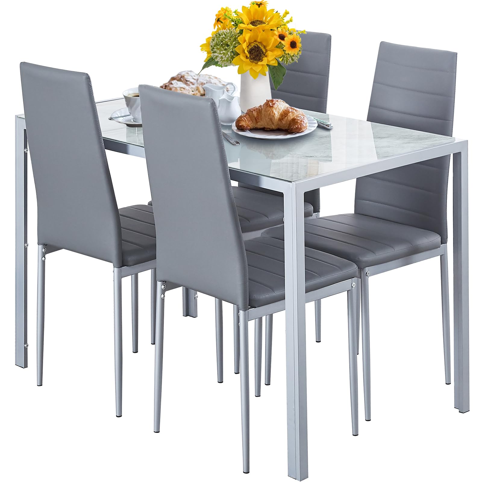 Paonne 5-Pieces Marble Effect Dining Room Set for 4, Contemporary Kitchen Table and Upholstered Chairs Set for Kitchen/Dinette/Restaurant/Apartment and Small Space