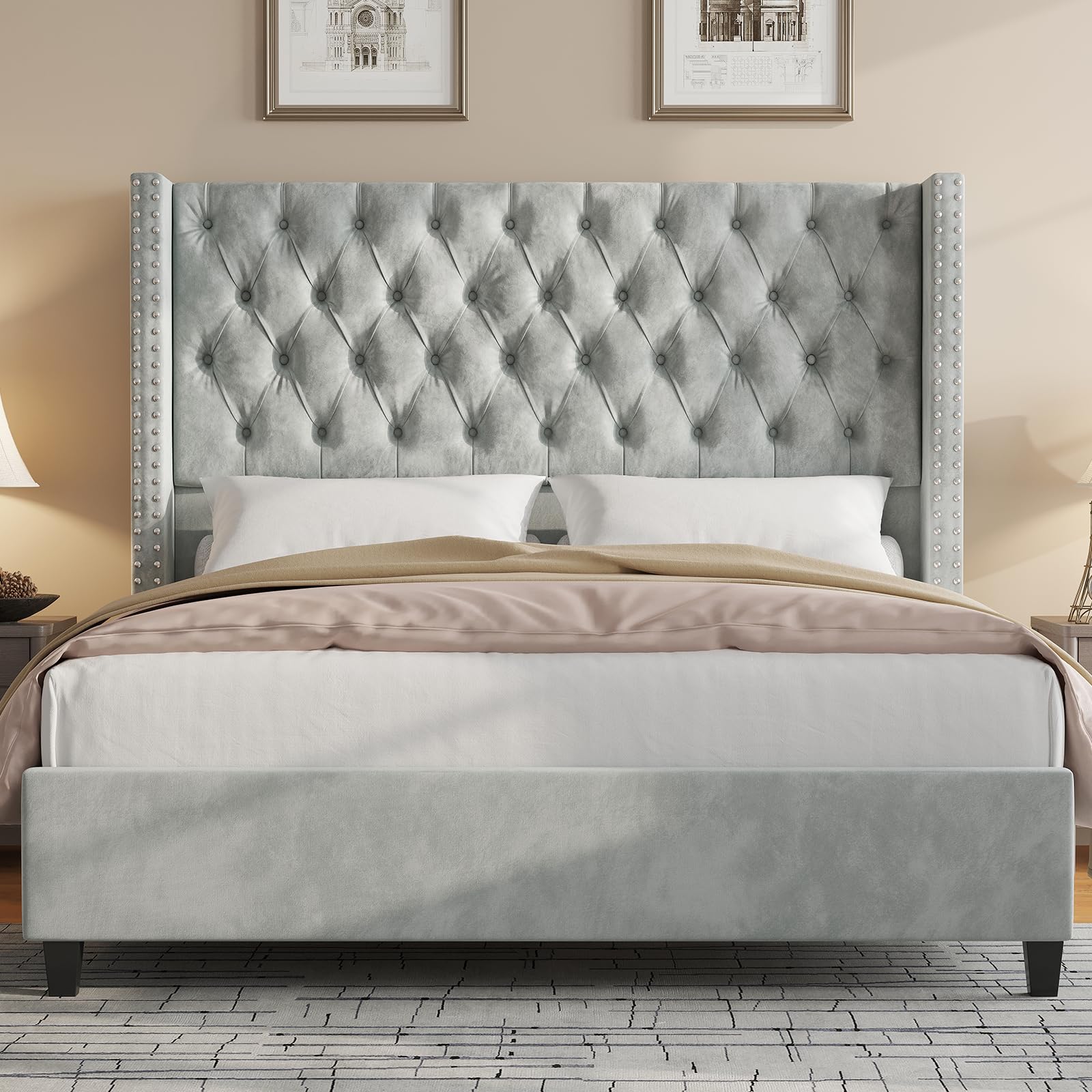 Jocisland Queen Size Platform Bed Frame Velvet Upholstered Bed with Nailhead Trim Wingback Headboard 51.6" Tall,Button Tufted, No Box Spring Needed, Light Grey