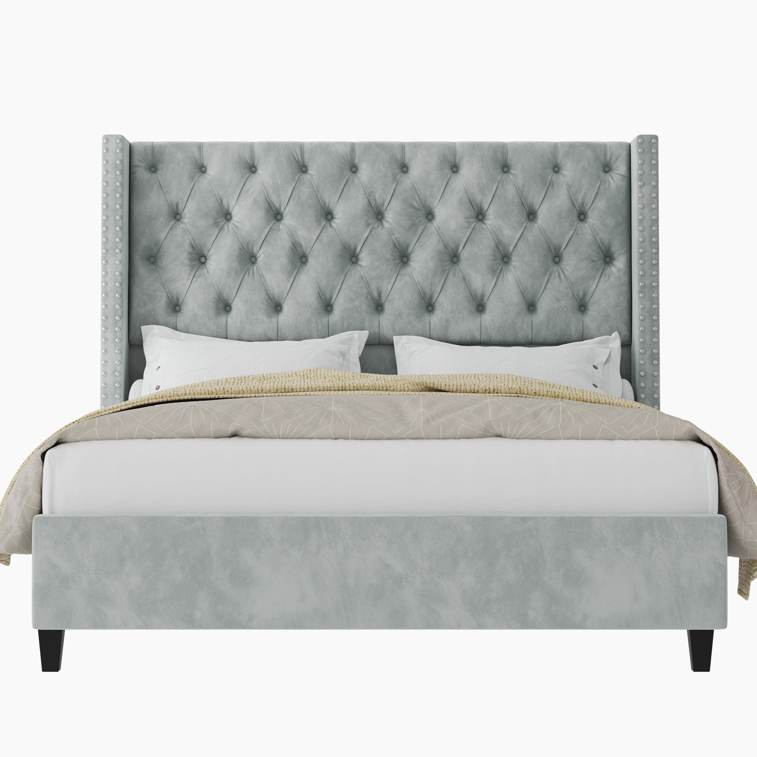 Jocisland Queen Size Platform Bed Frame Velvet Upholstered Bed with Nailhead Trim Wingback Headboard 51.6" Tall,Button Tufted, No Box Spring Needed, Light Grey