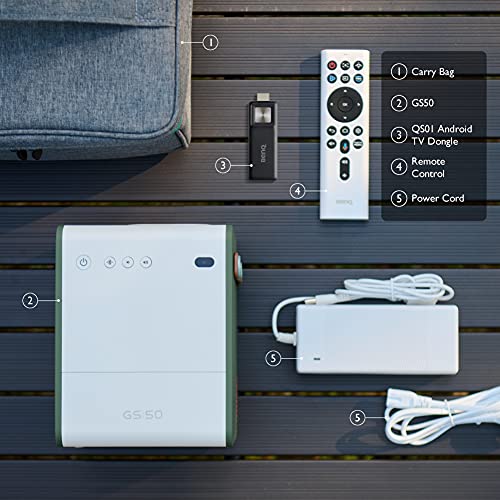 BenQ GS50 1080p Wireless Outdoor Projector | Extra Bass Bluetooth Speaker | IPX2 Splash & Drop Resistant | WiFi | Android TV | Chromecast & AirPlay | Auto Focus | 2D Keystone | HDMI | USB-C | PD 45W