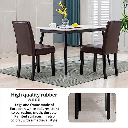 CRECQ Upholstered Dining Chairs Set of 2 PU Leather Living Room & Dining Room Chairs,Modern Kitchen Armless Side Parsons Chair with Solid Wood Legs,Brown