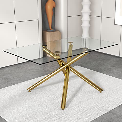 63 Inch Glass Dining Table,4-6 Person Home Dining Table Large Size Kitchen and Dining Room Table with Tempered Glass top and Gold Metal Legs, Modern Rectangular Dining Table (Gold Legs