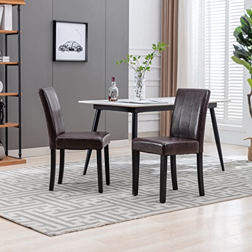 CRECQ Upholstered Dining Chairs Set of 2 PU Leather Living Room & Dining Room Chairs,Modern Kitchen Armless Side Parsons Chair with Solid Wood Legs,Brown
