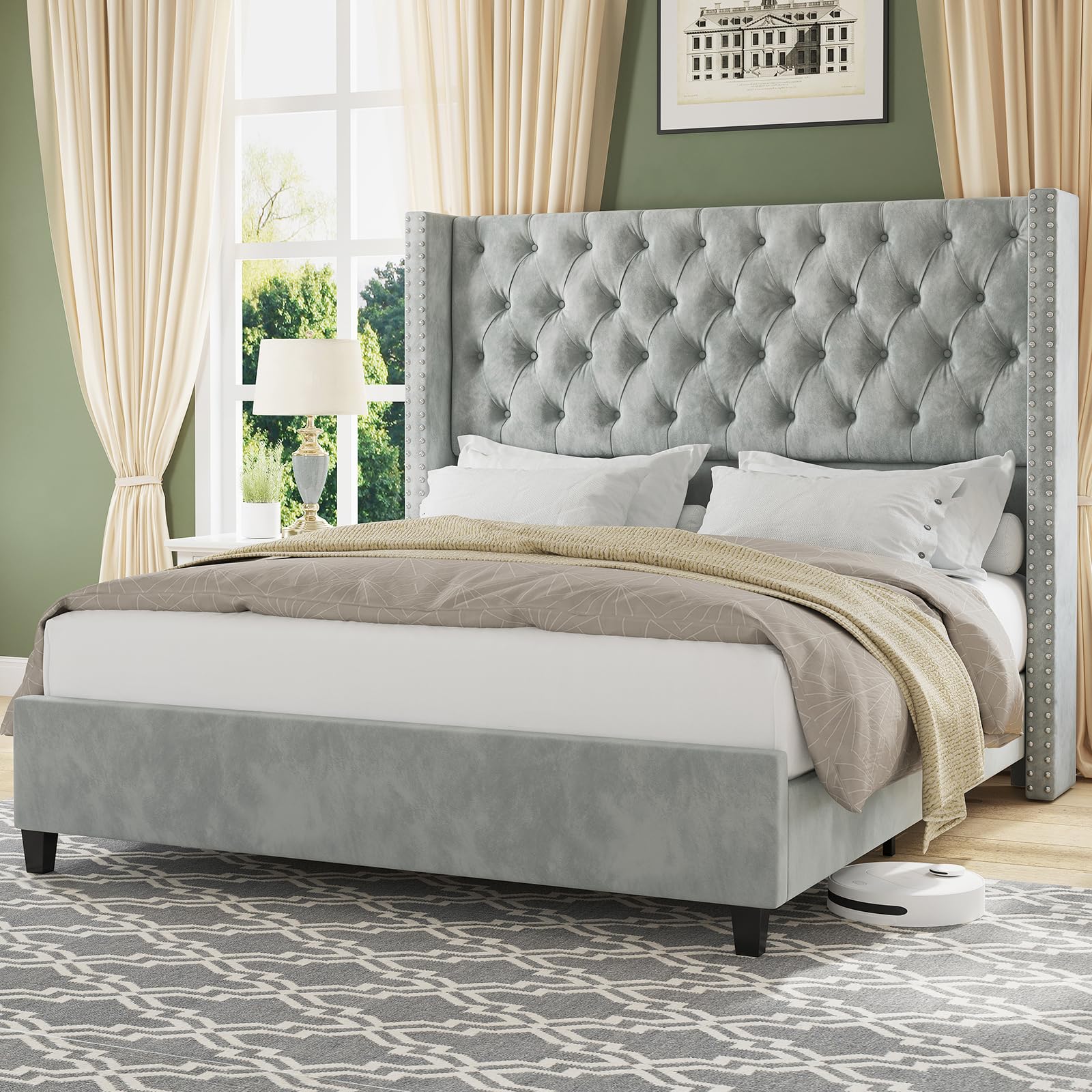 Jocisland Queen Size Platform Bed Frame Velvet Upholstered Bed with Nailhead Trim Wingback Headboard 51.6" Tall,Button Tufted, No Box Spring Needed, Light Grey