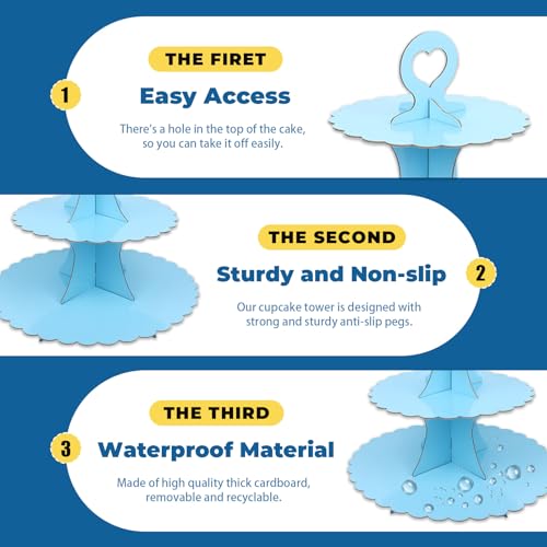 KINMRIS Blue Cake Stands Cardboard 3- Tier Dessert Cupcake Stand for Afternoon Tea 2 Pack, 3-Tier Cupcake Holder for Weddings, Birthday Party Supplies, Wedding Anniversary