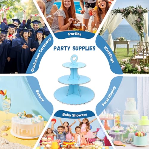KINMRIS Blue Cake Stands Cardboard 3- Tier Dessert Cupcake Stand for Afternoon Tea 2 Pack, 3-Tier Cupcake Holder for Weddings, Birthday Party Supplies, Wedding Anniversary