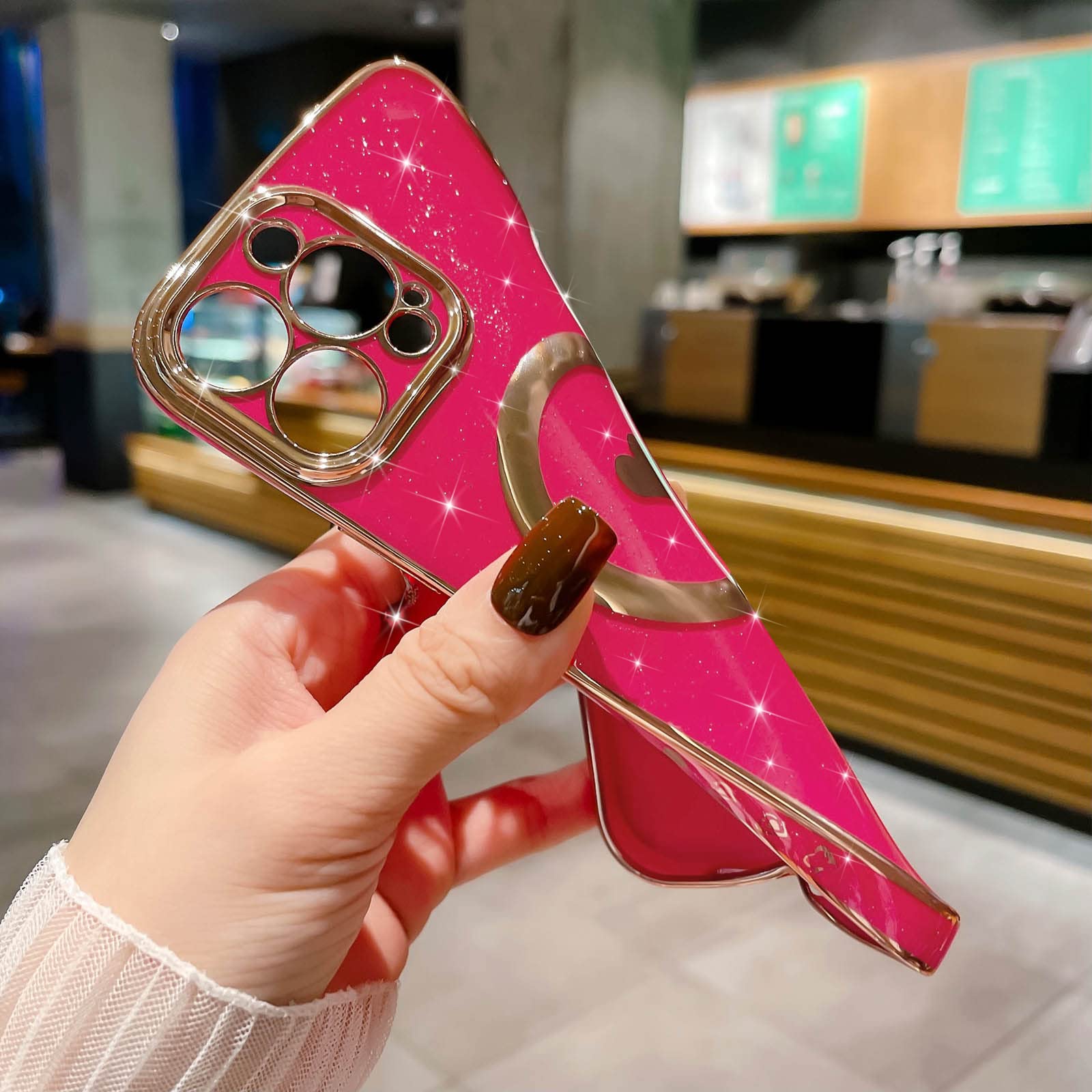 MGQILING Compatible with iPhone 13 Pro Max Magnetic Glitter Case-6.7 Inch, Luxury Love Heart Pattern Plating Case, Compatible with MagSafe for Women Girls Shockproof Back Cover-Hot Pink