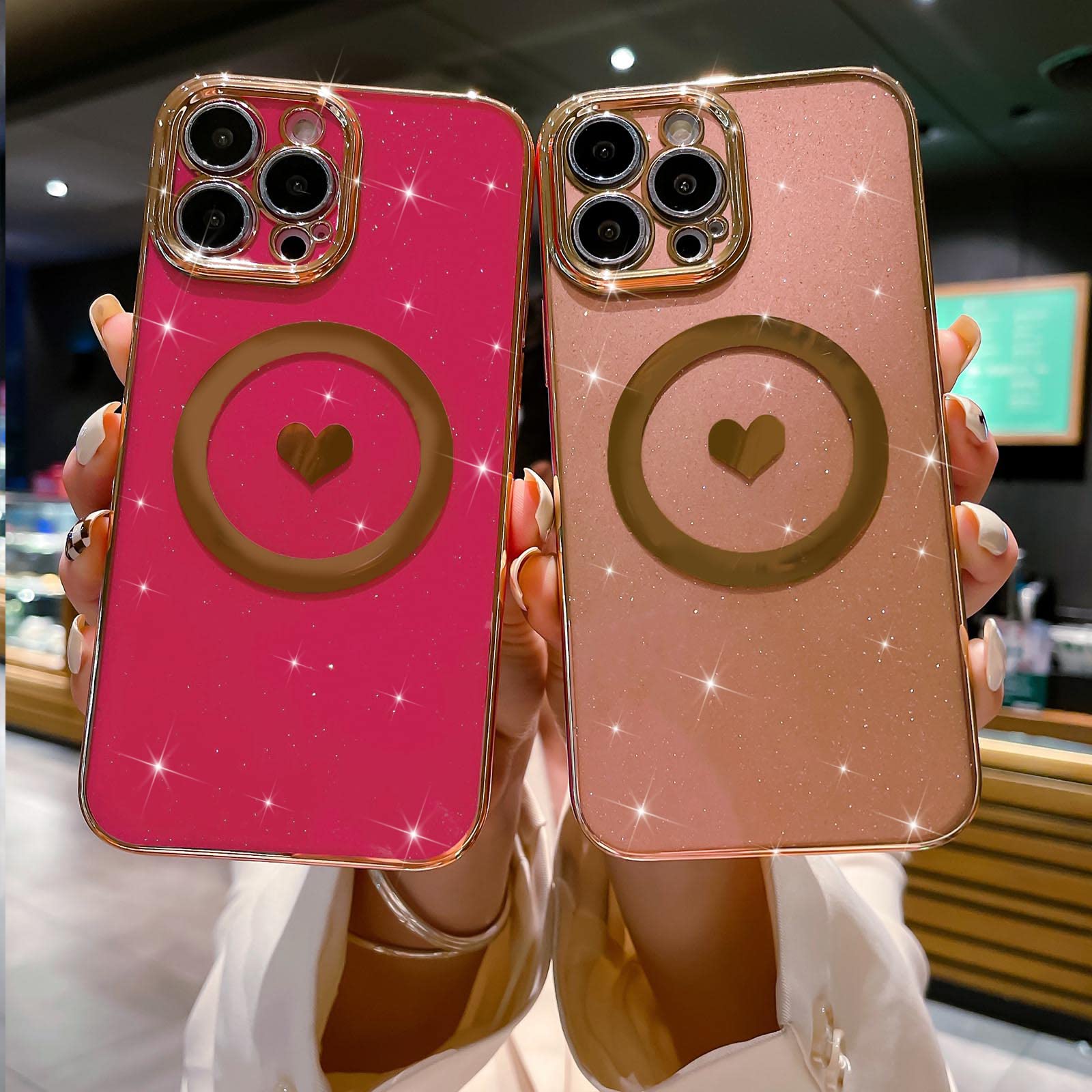MGQILING Compatible with iPhone 13 Pro Max Magnetic Glitter Case-6.7 Inch, Luxury Love Heart Pattern Plating Case, Compatible with MagSafe for Women Girls Shockproof Back Cover-Hot Pink