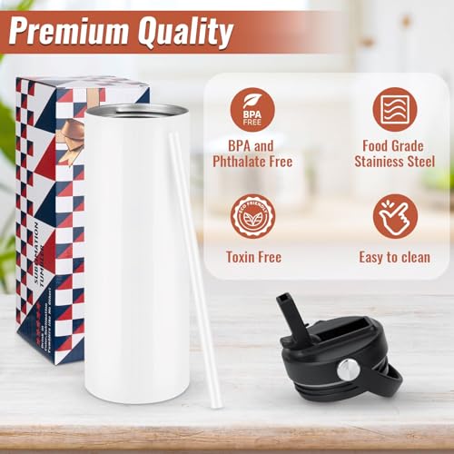 IMMERROT 24 Pack 20 OZ Sublimation Tumblers Skinny Straight, Sublimation Sport Water Bottles Blanks Stainless Steel Double Wall Insulated Cups Bulk with Straw Lids DIY for Gift (24 Pack-White)