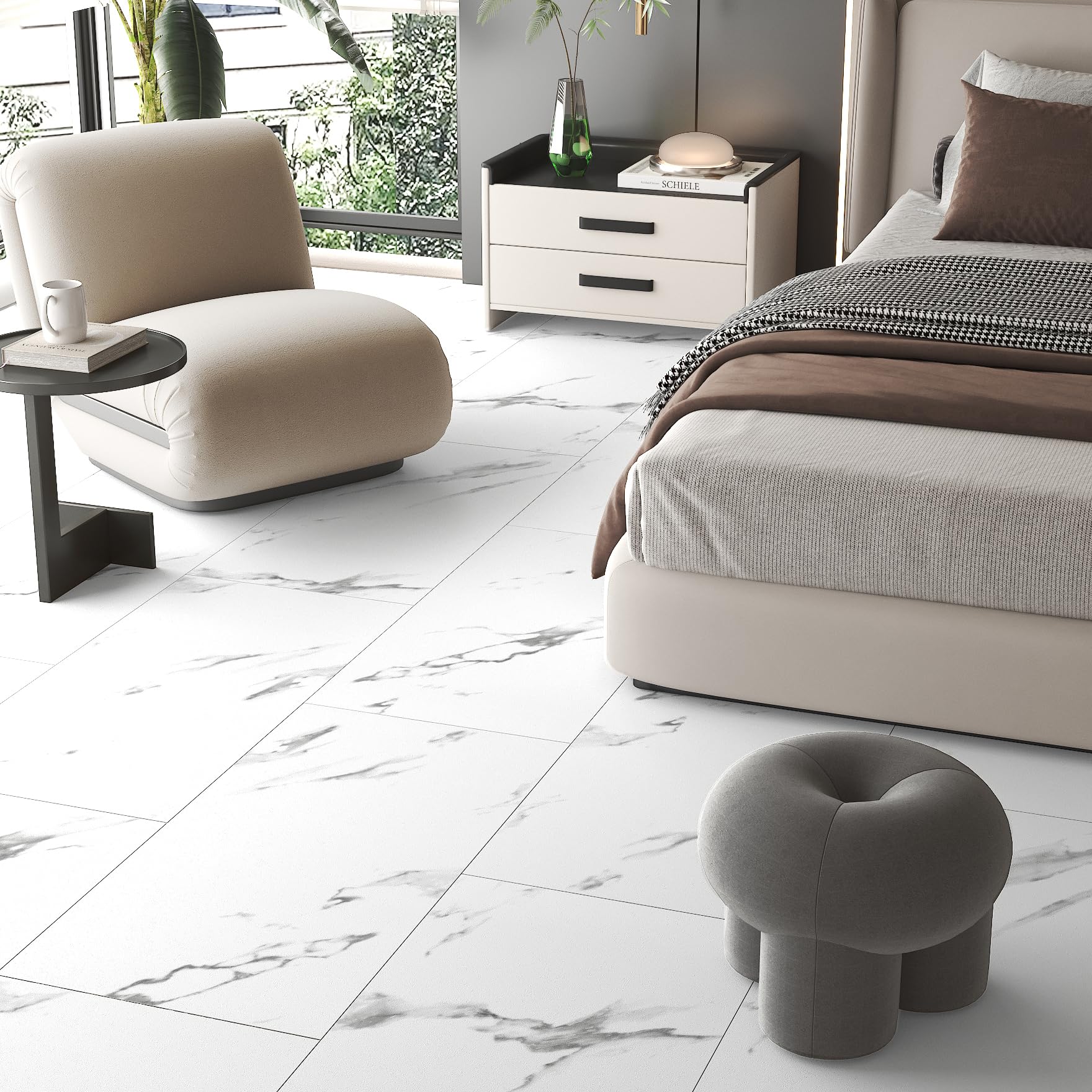 FunStick 12"x24" 15 Pcs White Peel and Stick Floor Tile Marble Vinyl Flooring for Bathroom Floor Tiles Peel and Stick Wall Tiles Waterproof Grey Stick on Flooring Sticky Tiles for Kitchen RV Flooring