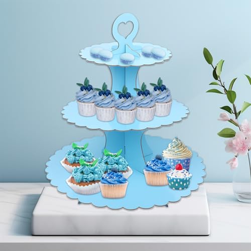 KINMRIS Blue Cake Stands Cardboard 3- Tier Dessert Cupcake Stand for Afternoon Tea 2 Pack, 3-Tier Cupcake Holder for Weddings, Birthday Party Supplies, Wedding Anniversary