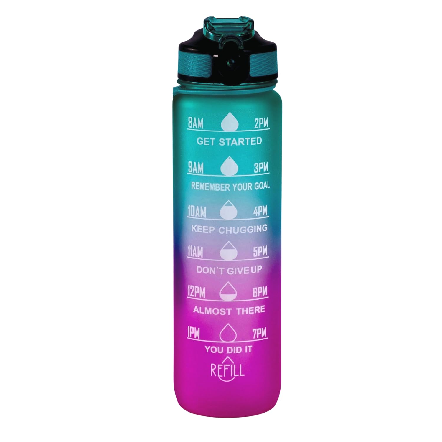 32 oz Water Bottle with Times to Drink and Straw. With Clearly Marked Times To Drink Throughout The Day And a Convenient Straw For Spill-Proof Sipping, Track Your Water Intake and Stay Hydrated.