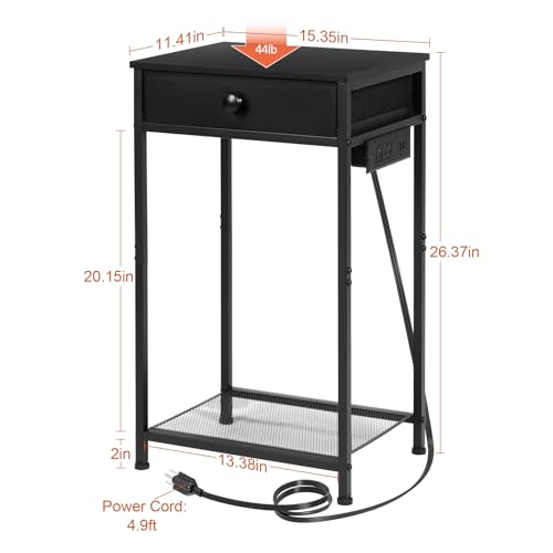 AMHANCIBLE Tall Night Stand, Nightstands Set of 2 with Charging Station, End Side Tables with Fabric Drawer and Shelf, Telephone Table for Living Room, Small Spaces, Black HETT03BK