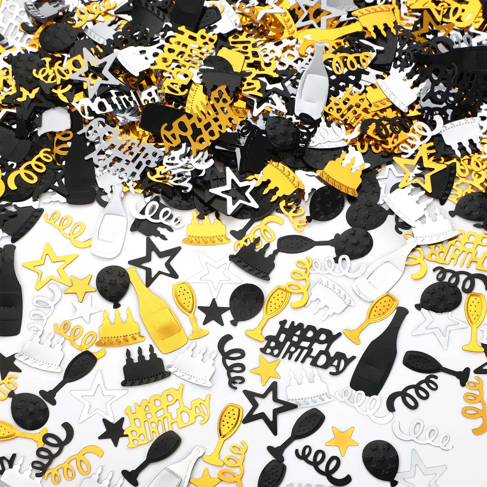 3000 PCS Black Gold Silver Happy Birthday Confetti Metallic Foil Stars Birthday Cake Balloon Confetti Table Scatter Confetti Decoration for Birthday Party Anniversary Baby Shower DIY Arts and Crafting