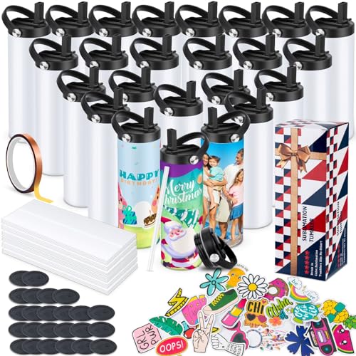 IMMERROT 24 Pack 20 OZ Sublimation Tumblers Skinny Straight, Sublimation Sport Water Bottles Blanks Stainless Steel Double Wall Insulated Cups Bulk with Straw Lids DIY for Gift (24 Pack-White)