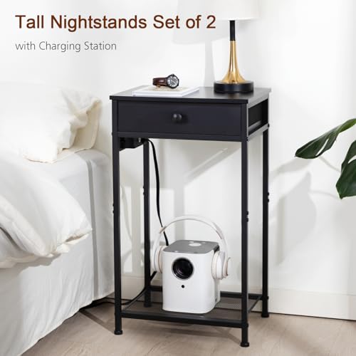 AMHANCIBLE Tall Night Stand, Nightstands Set of 2 with Charging Station, End Side Tables with Fabric Drawer and Shelf, Telephone Table for Living Room, Small Spaces, Black HETT03BK