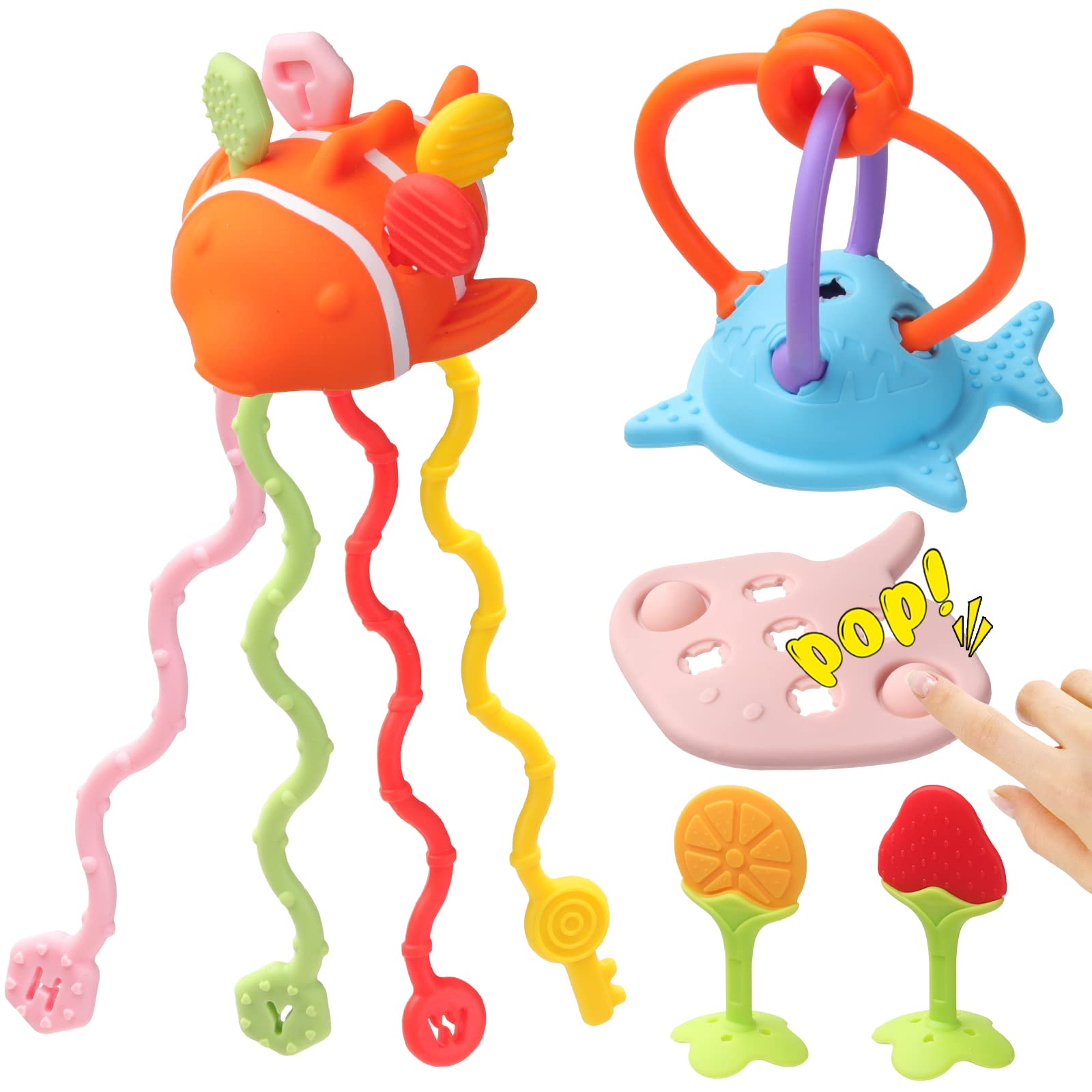 Baby Teether Toys for 12-18 Months, Montessori Sensory Teething Toys for Babies 1+ Year Old, Infant Car Seat Toys Pull String Activity Silicone Toy Fish Shape Chew Toys for Boys Girls, BPA Free