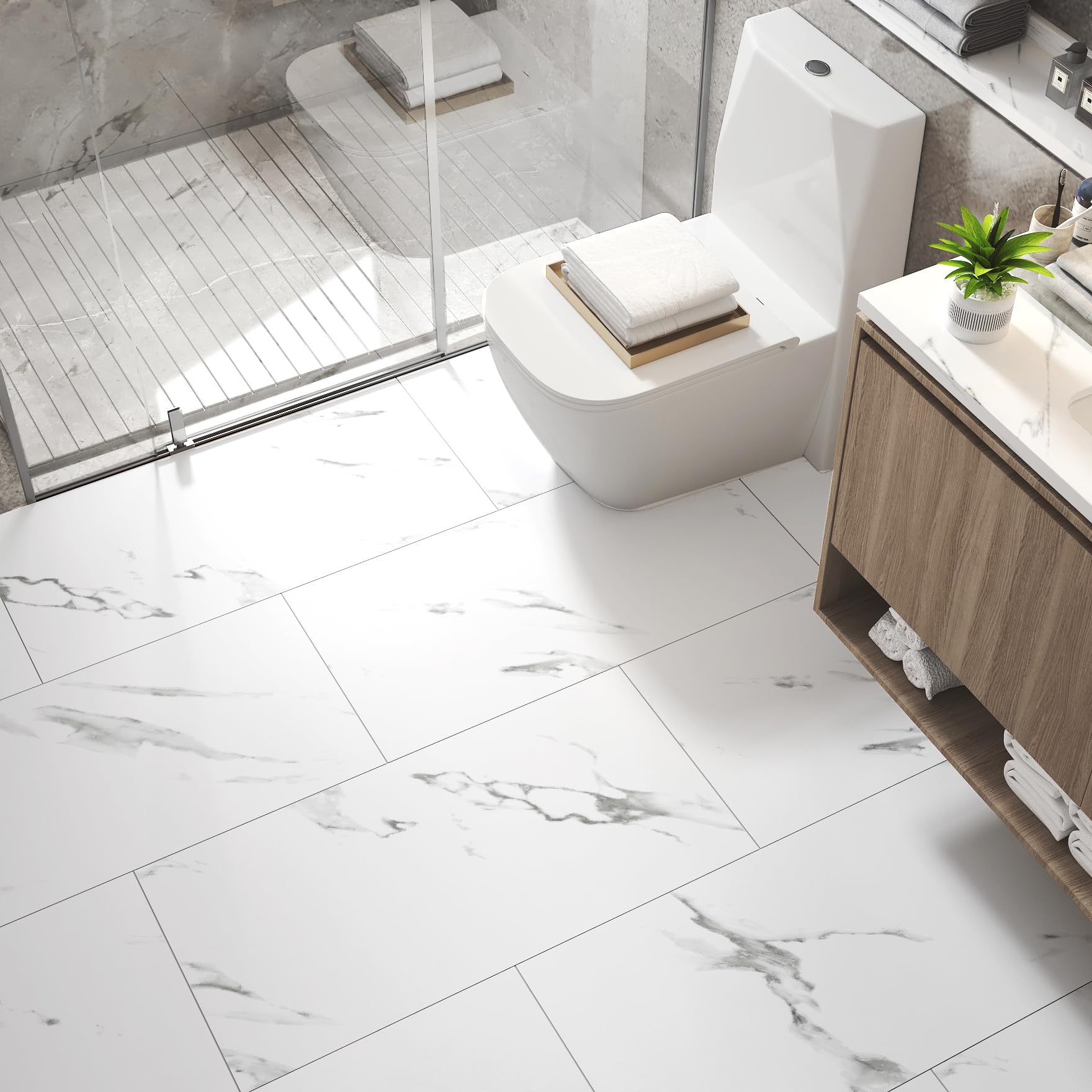 FunStick 12"x24" 15 Pcs White Peel and Stick Floor Tile Marble Vinyl Flooring for Bathroom Floor Tiles Peel and Stick Wall Tiles Waterproof Grey Stick on Flooring Sticky Tiles for Kitchen RV Flooring
