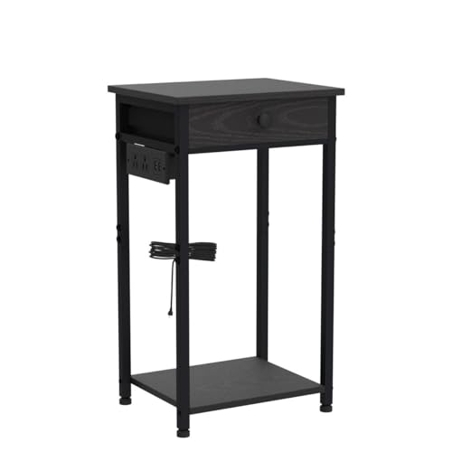 AMHANCIBLE Tall Night Stand, Nightstands Set of 2 with Charging Station, End Side Tables with Fabric Drawer and Shelf, Telephone Table for Living Room, Small Spaces, Black HETT03BK