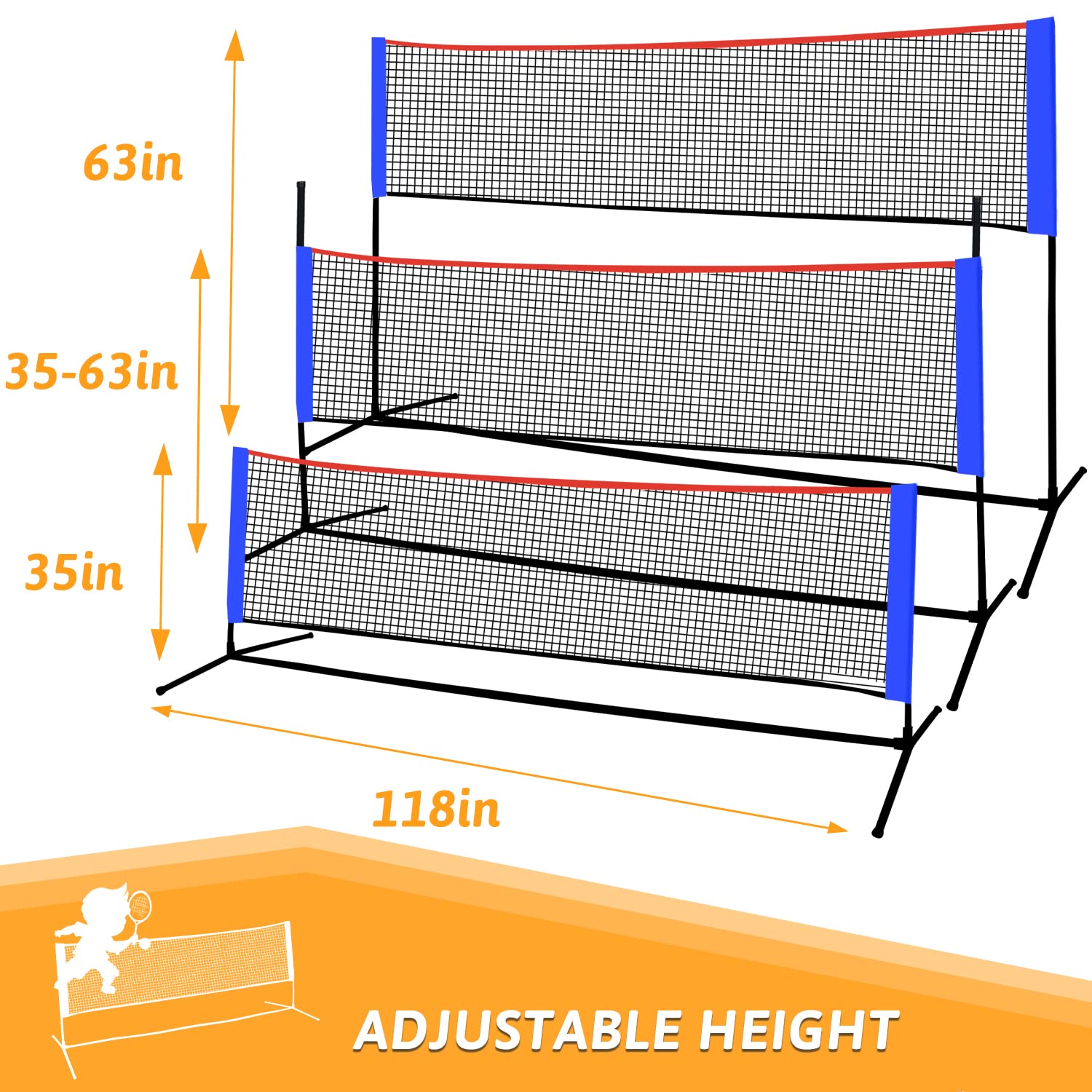 Kapler Height Adjustable Tennis Net - Kids Volleyball Badminton Pickleball Net for Driveway Beach