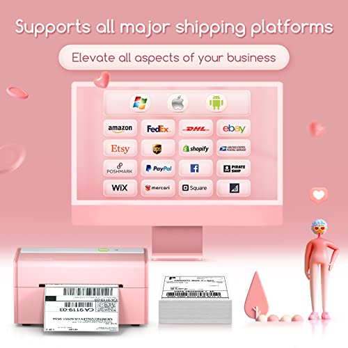 JADENS Bluetooth Thermal Label Printer -Wireless Shipping Label Printer for Ebay, USPS, Etsy & Amazon, Compatible with iPhone, Android & Windows (Mac Not Support Bluetooth), 4x6 Label Maker, Pink
