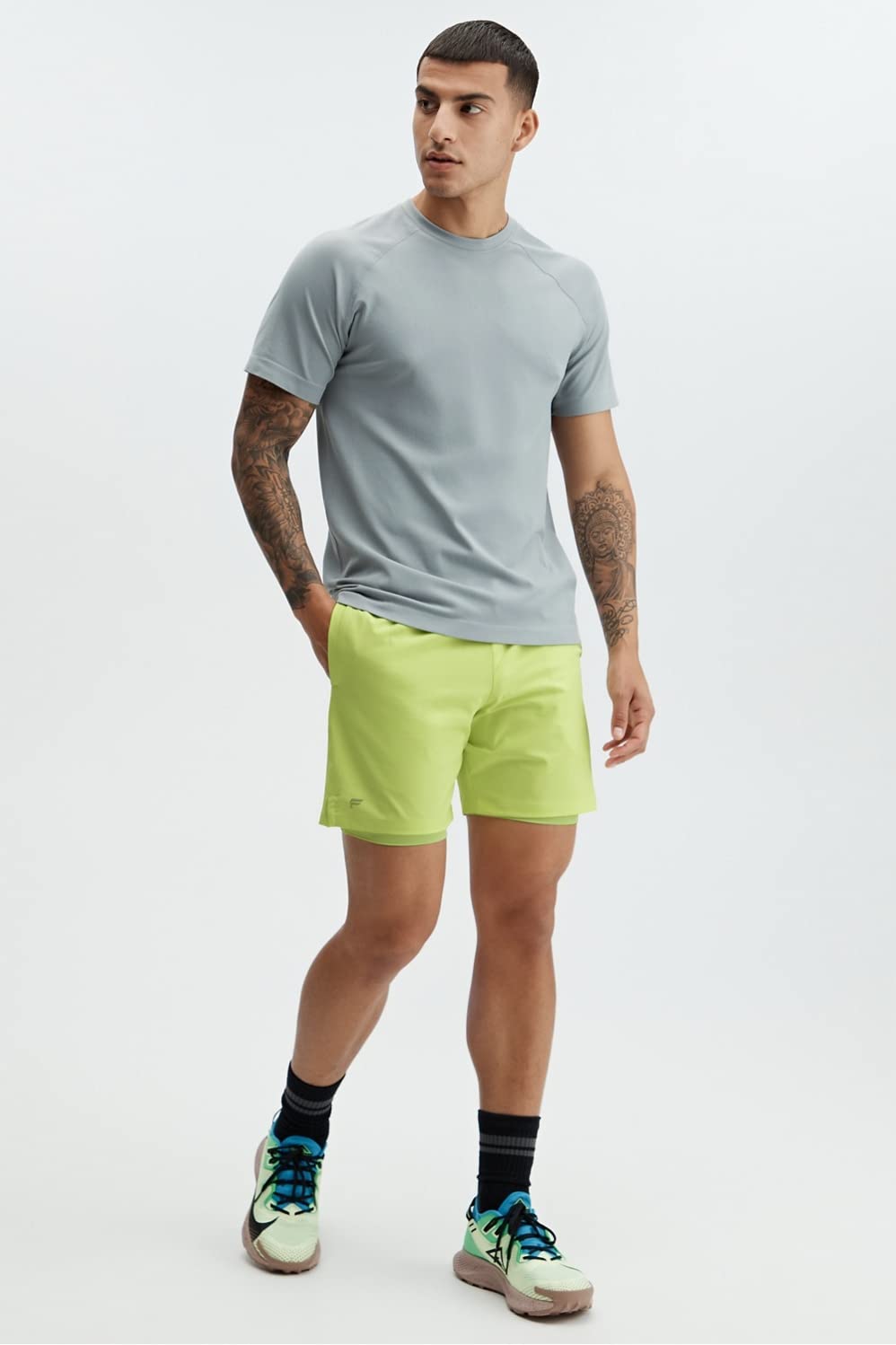 Fabletics Men's The Fundamental Short, Workout, Running, Training, Gym, Yoga, Ultra Lightweight, Athletic, 7" Inseam, M, Faded Lime