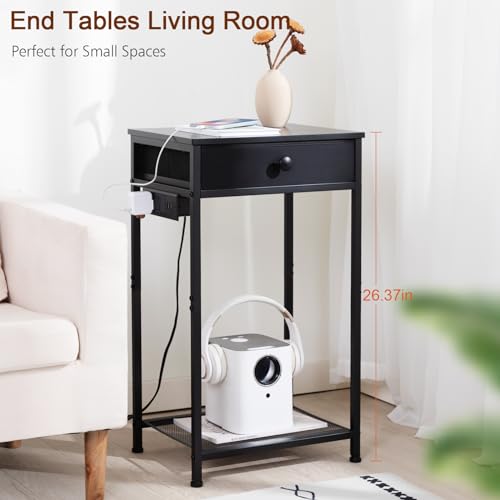 AMHANCIBLE Tall Night Stand, Nightstands Set of 2 with Charging Station, End Side Tables with Fabric Drawer and Shelf, Telephone Table for Living Room, Small Spaces, Black HETT03BK