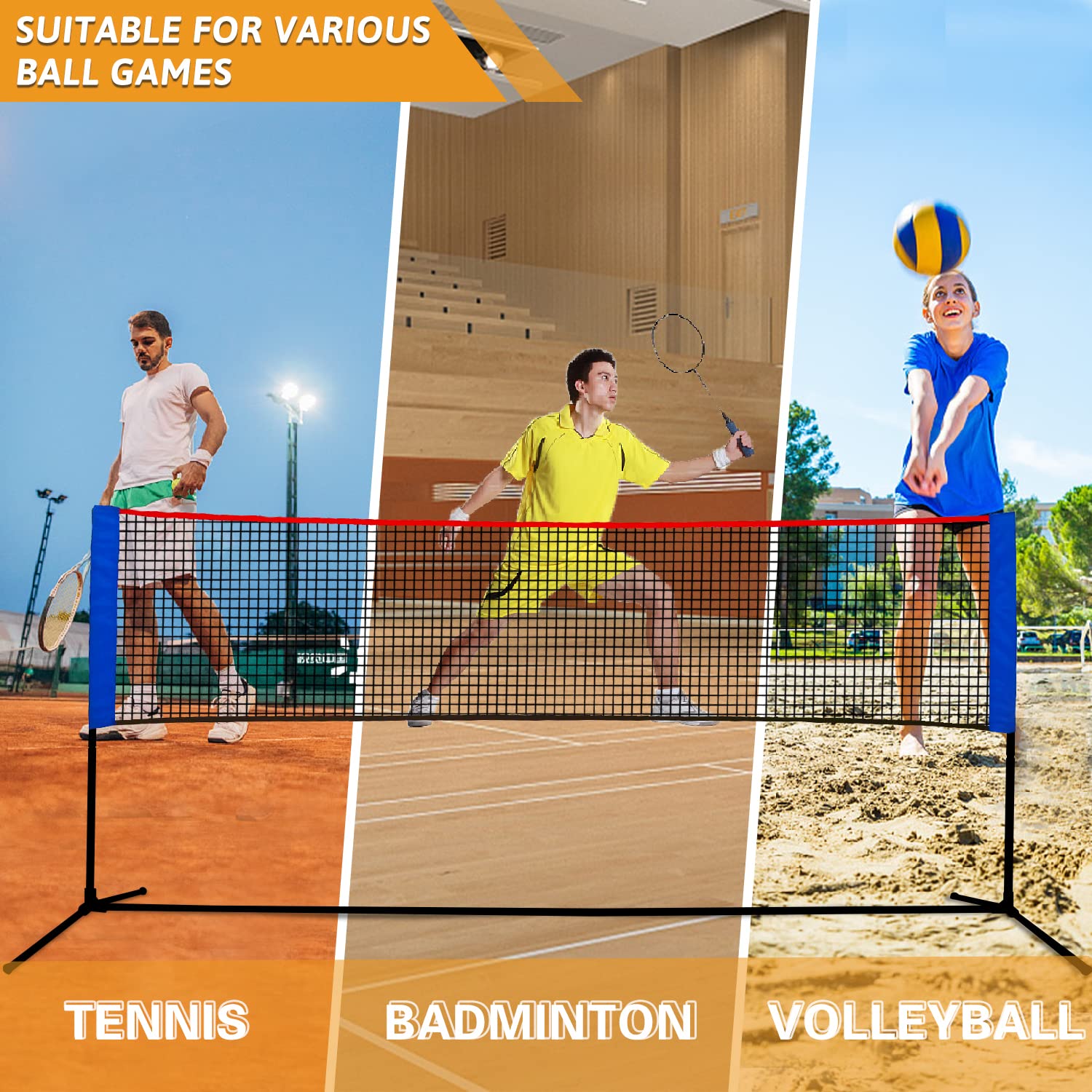 Kapler Height Adjustable Tennis Net - Kids Volleyball Badminton Pickleball Net for Driveway Beach