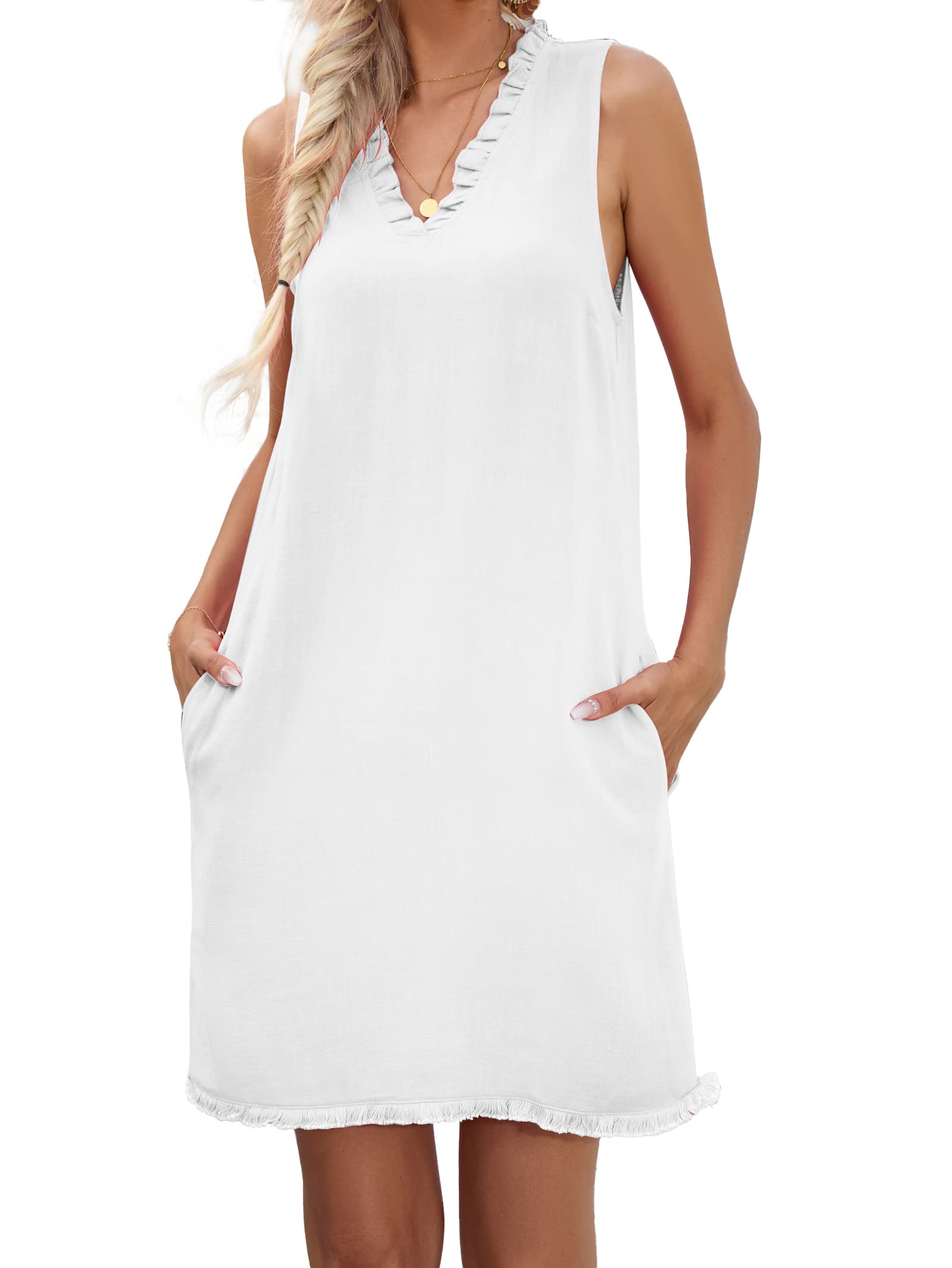 Famulily Sleeveless T Shirt Dresses for Women Linen Sundresses for Women Short Vocation Dresses for Ladies White M