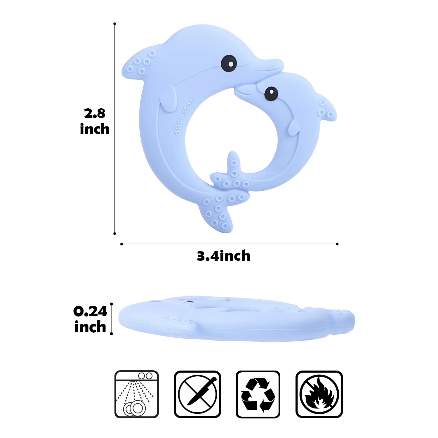 Aitoustone Soft Dolphin Teething Teether Toys for Babies 0-6 & 6-12 Months, 4 Pack Gift, BPA Free, Chewing Relief with Easy to Hold Handles