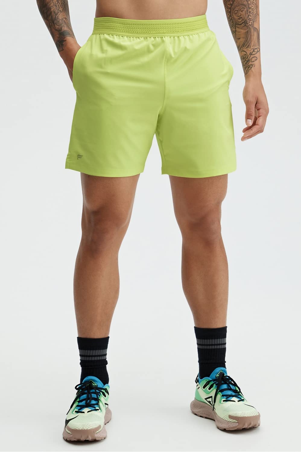 Fabletics Men's The Fundamental Short, Workout, Running, Training, Gym, Yoga, Ultra Lightweight, Athletic, 7" Inseam, M, Faded Lime