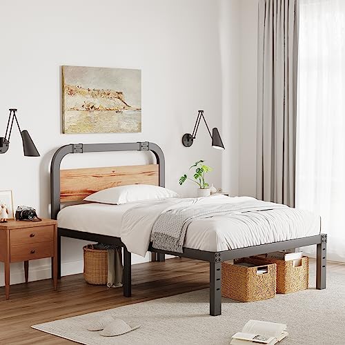 Aardhen Twin-XL Size Bed Frame 14 Inch Rustic Wood Headboard, Heavy Duty Steel Slats Support, Easy Assembly, No Box Spring Needed, Quiet and Sturdy