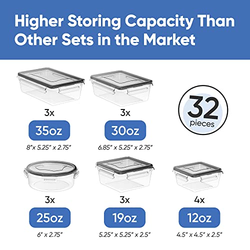 32 Piece Food Storage Containers Set with Easy Snap Lids (16 Lids + 16 Containers) - Airtight Plastic Food Containers for Pantry & Kitchen Organization - For Meal Prep, Home Essentials & Leftovers