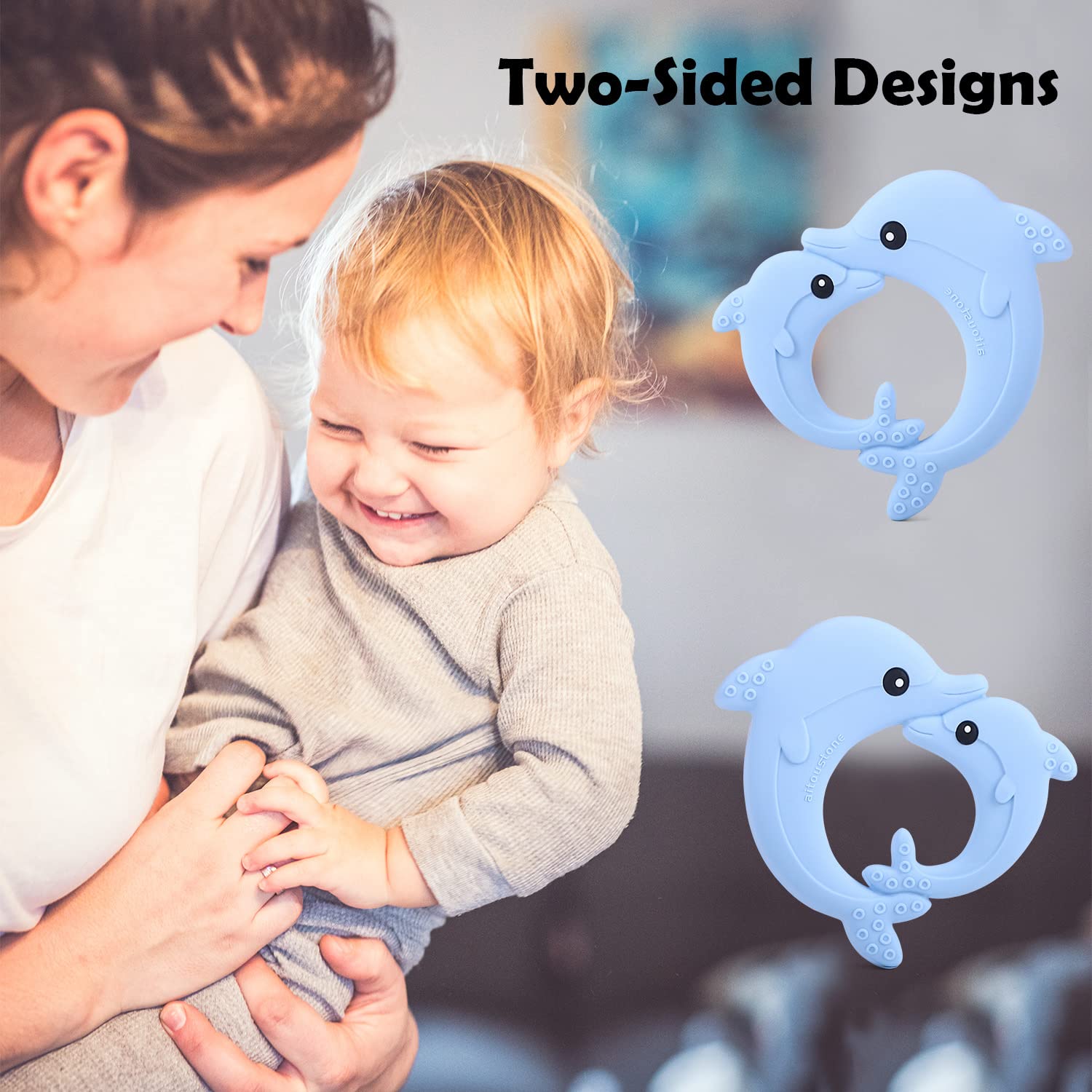 Aitoustone Soft Dolphin Teething Teether Toys for Babies 0-6 & 6-12 Months, 4 Pack Gift, BPA Free, Chewing Relief with Easy to Hold Handles